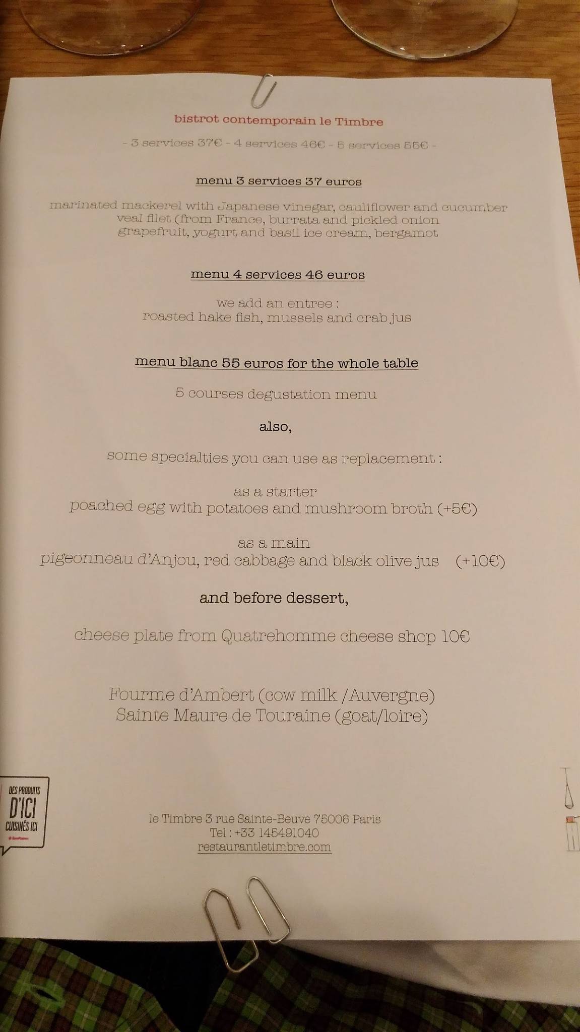 Menu au Le Timbre restaurant, Paris, 3 Rue Sainte-Beuve