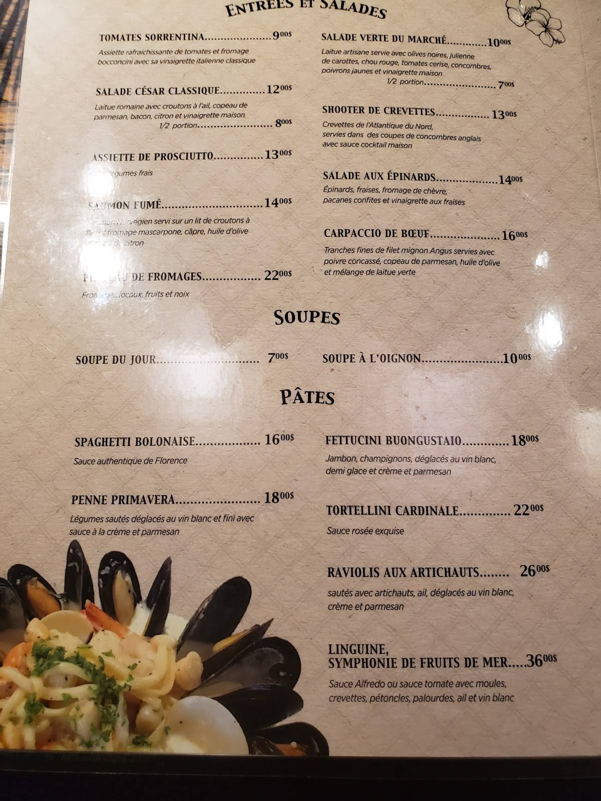 Menu at Le Tropik restaurant-bar, Montréal