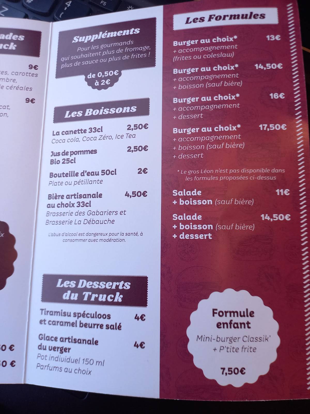 Menu au Le Truck à Pierrot restaurant, Cognac, Quai de la Salle Verte
