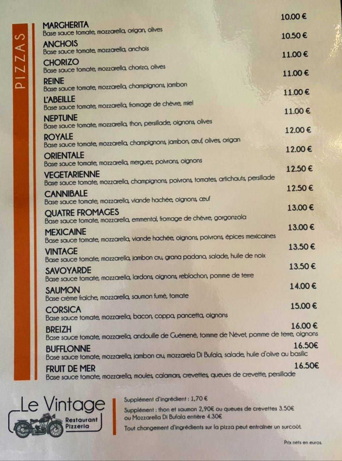 Menu at Le Vintage, Bastogne