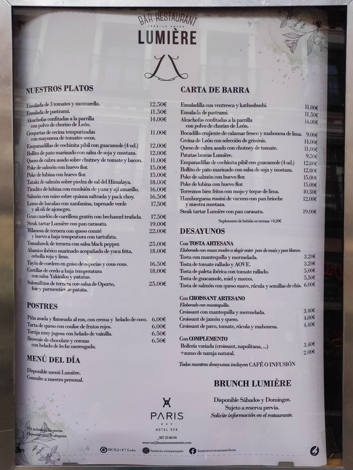 Carta de Restaurante Lumière, León