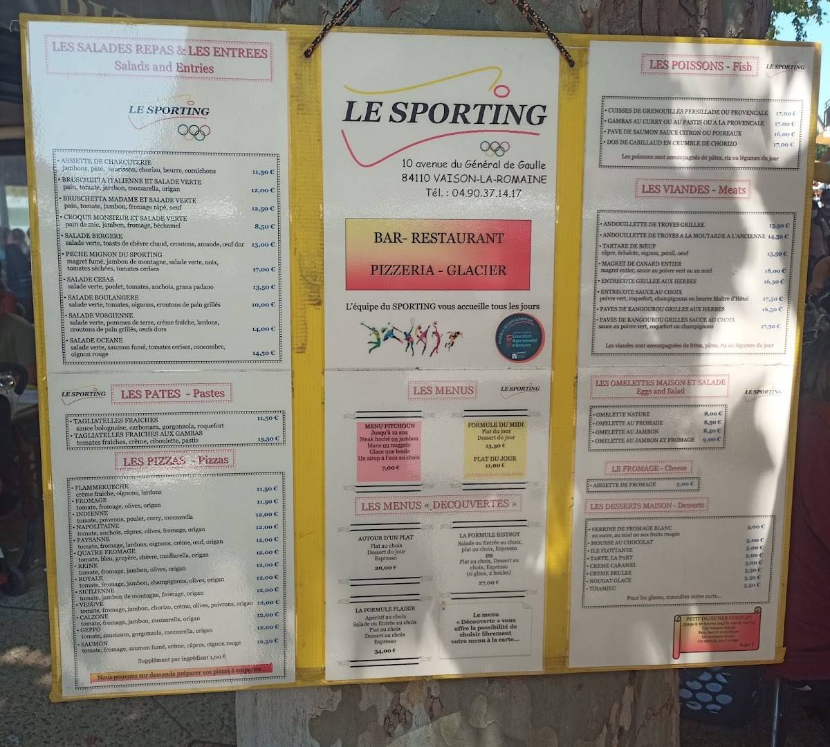 Menu at Le sporting restaurant, Vaison-la-Romaine