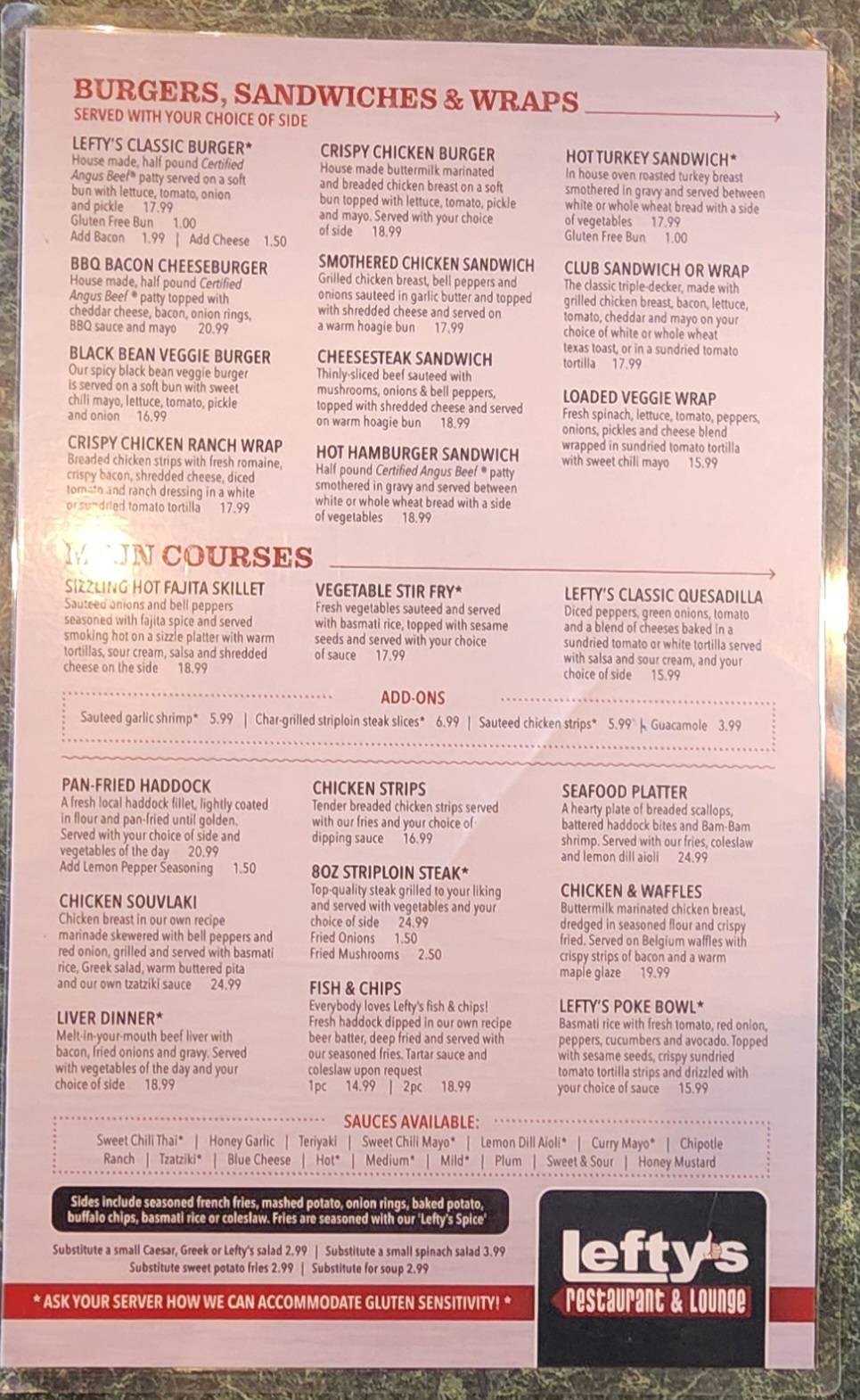 Menu at Lefty's Restaurant & Lounge, Upper Tantallon