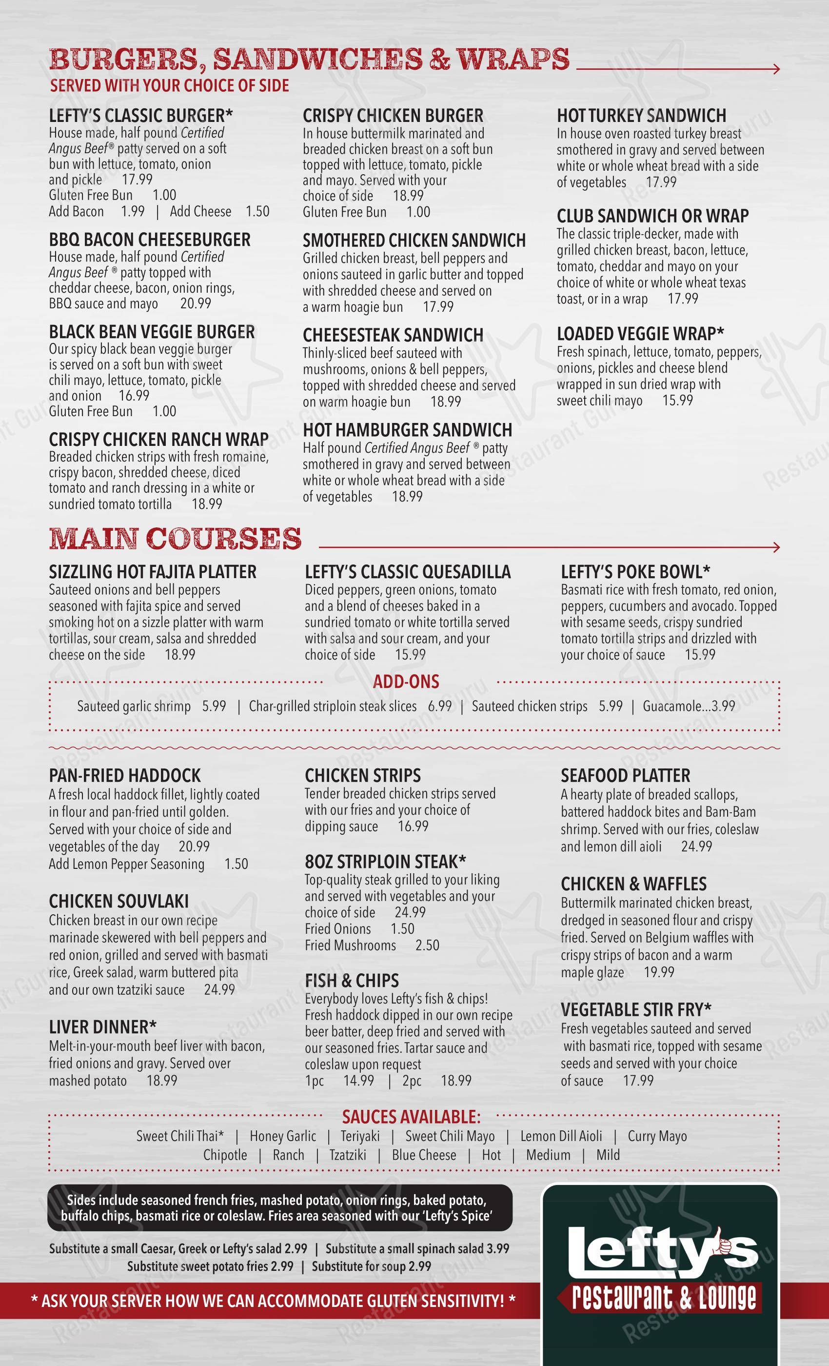 Menu at Lefty's Restaurant & Lounge, Upper Tantallon
