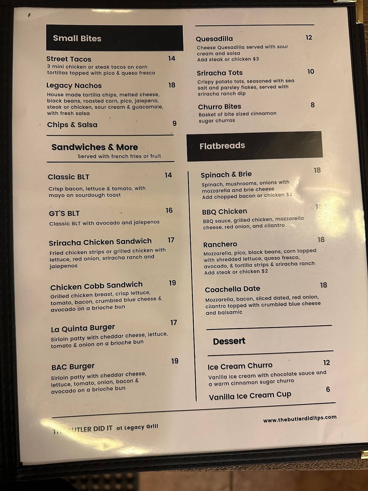 Menu at Legacy Grille by The Butler restaurant, La Quinta
