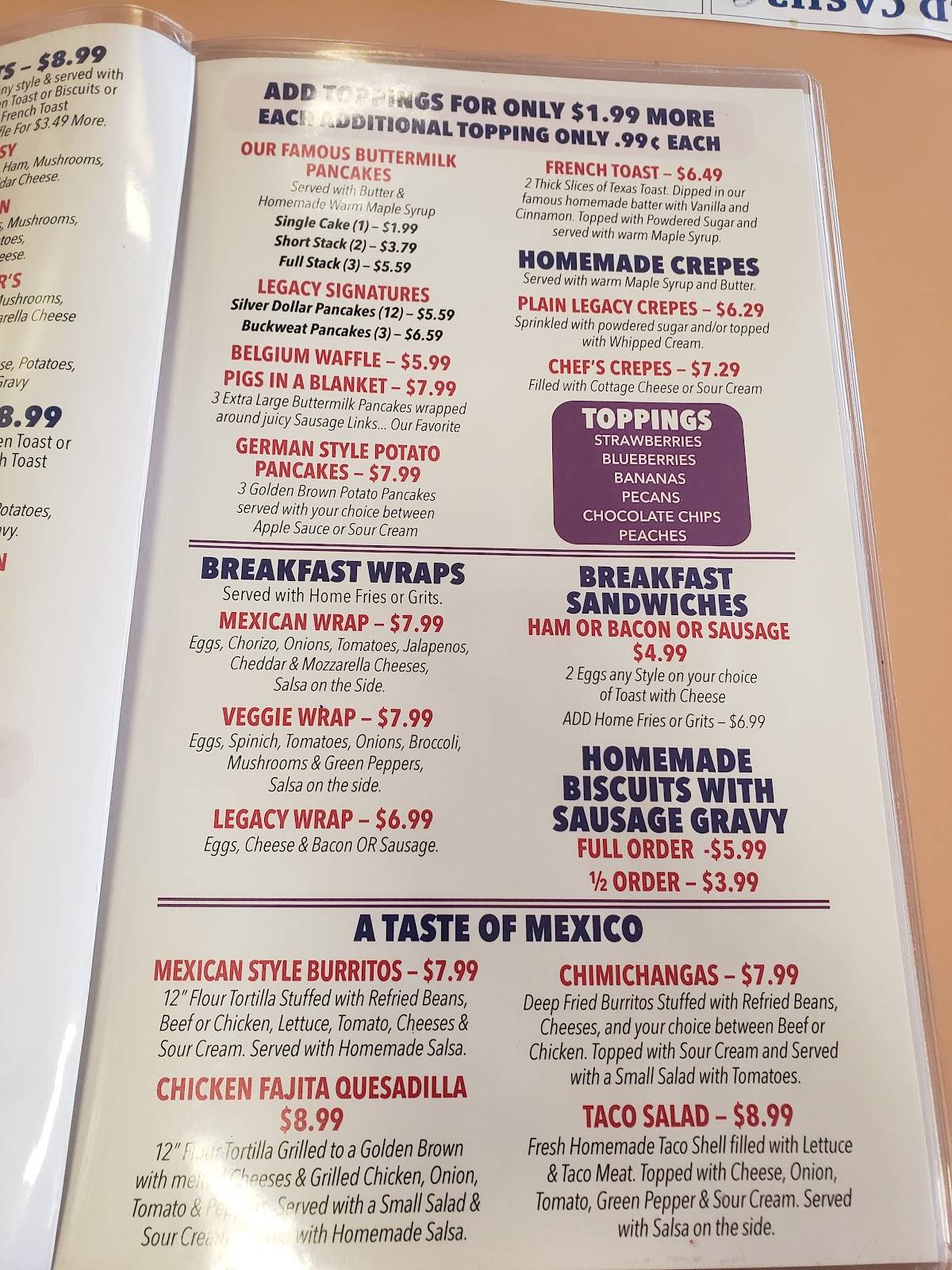 Menu at Legacy Pancake House restaurant, Dayton