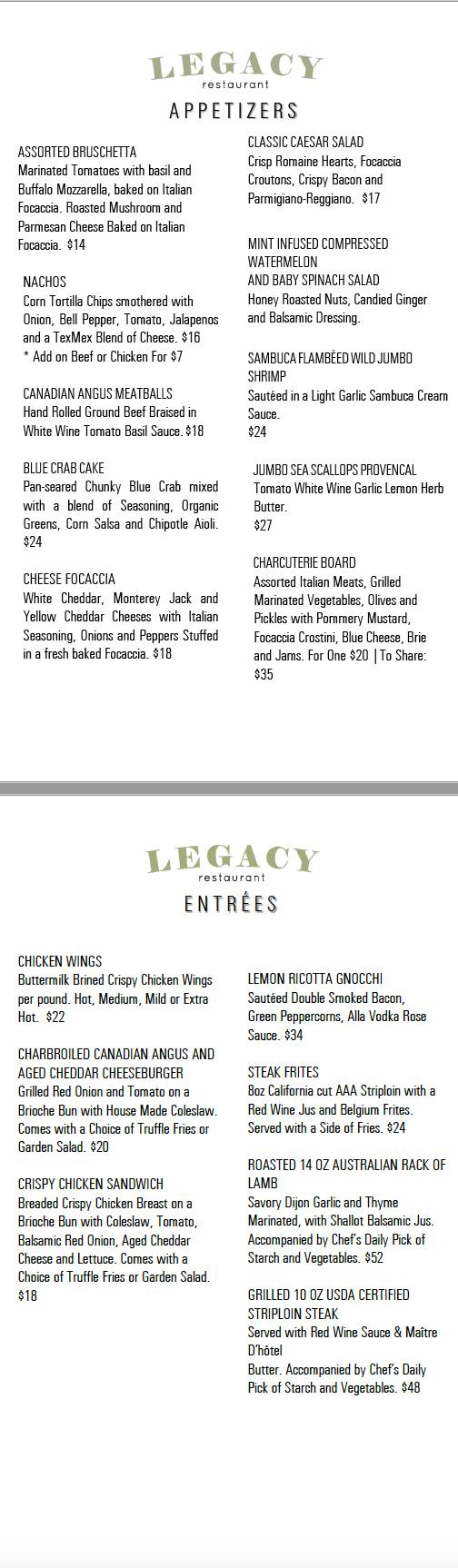 Menu at Legacy Restaurant, Sarnia