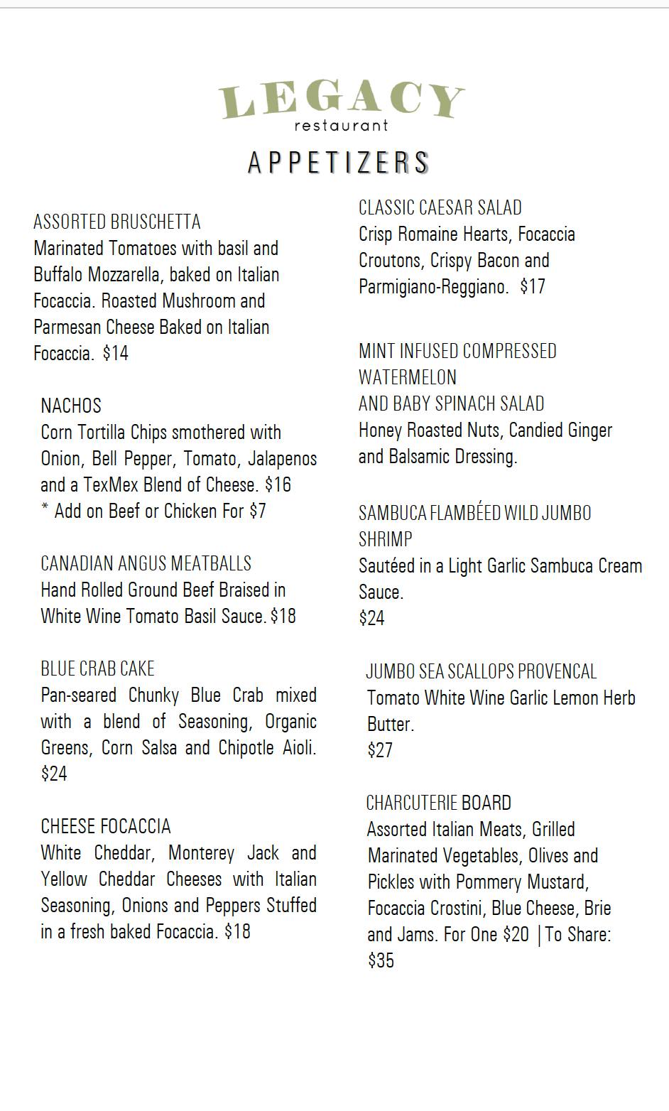 Menu at Legacy Restaurant, Sarnia