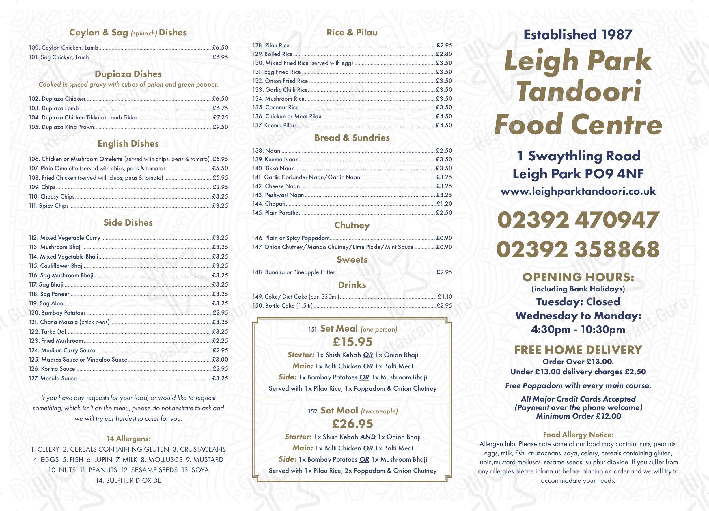 Menu at Leigh Park Tandoori Food Centre restaurant, Havant