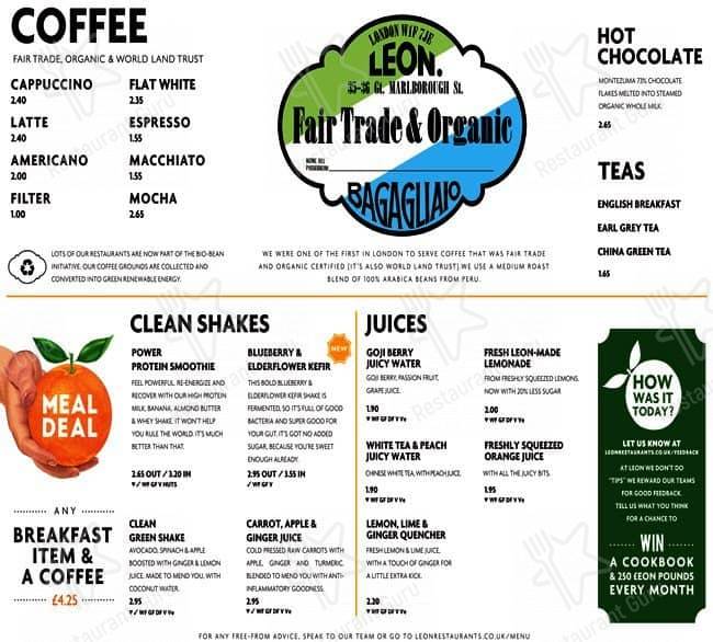 Menu at LEON Chancery Lane fast food, London, 29 - 30 High Holborn