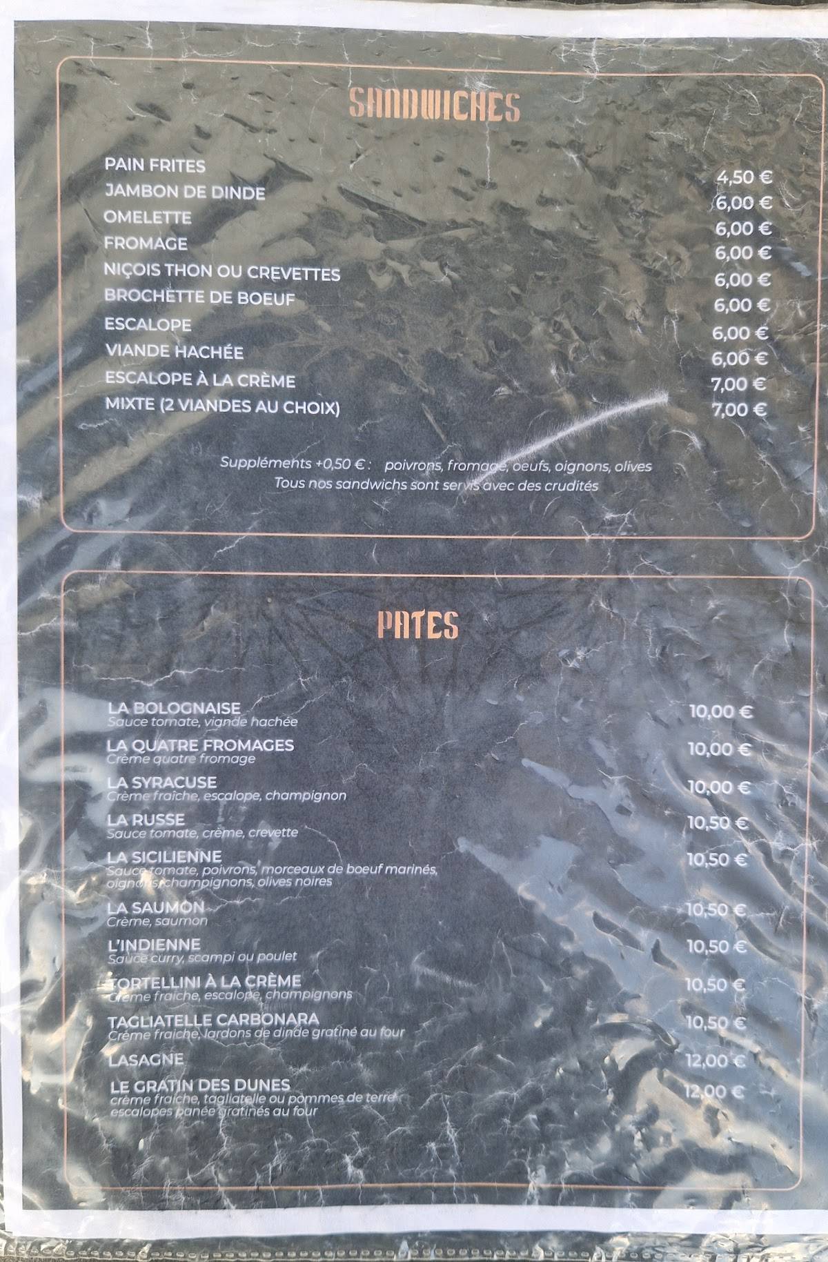Menu au Les Dunes restaurant, Mulhouse