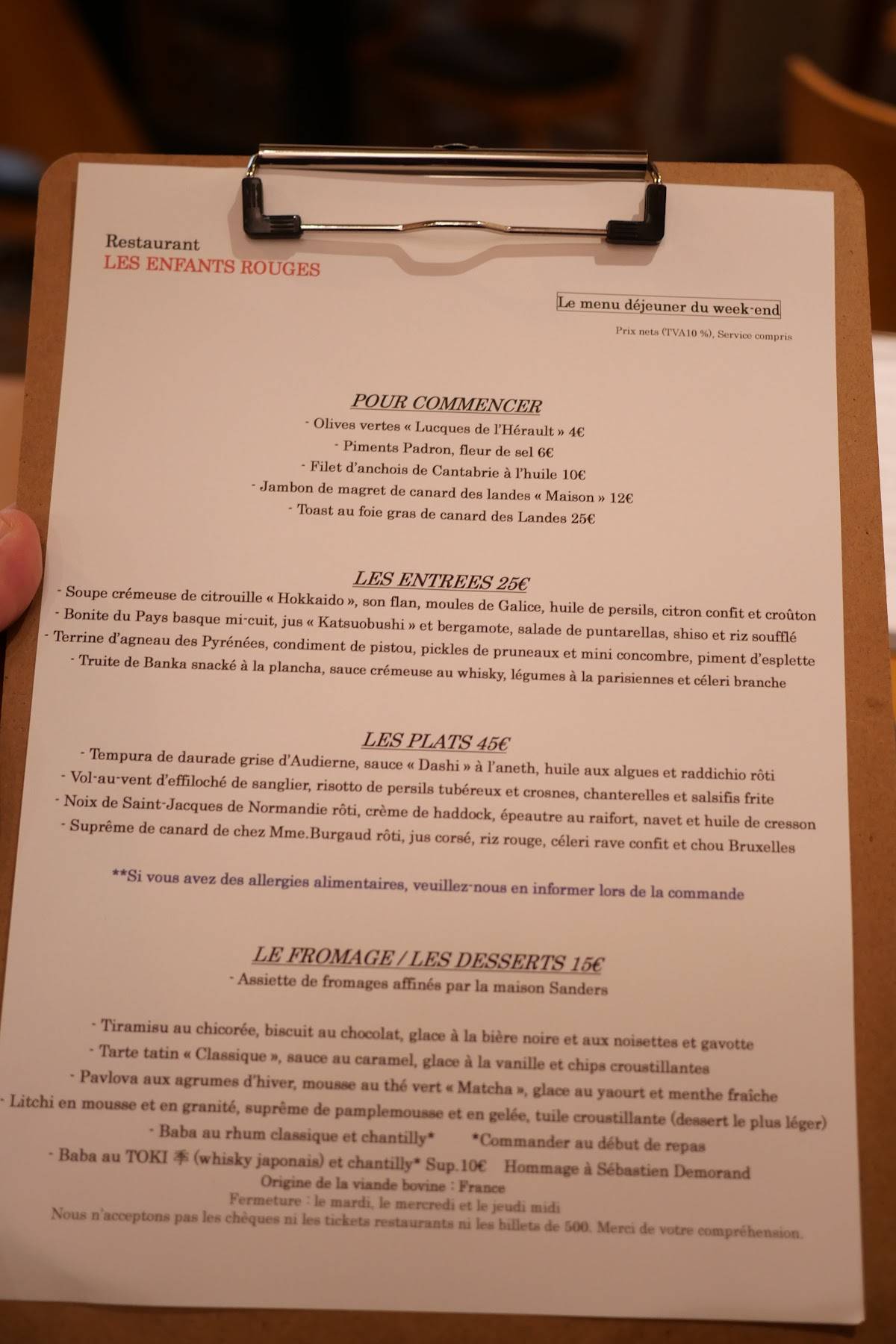 Menu au Les Enfants Rouges restaurant, Paris, 9 Rue de Beauce