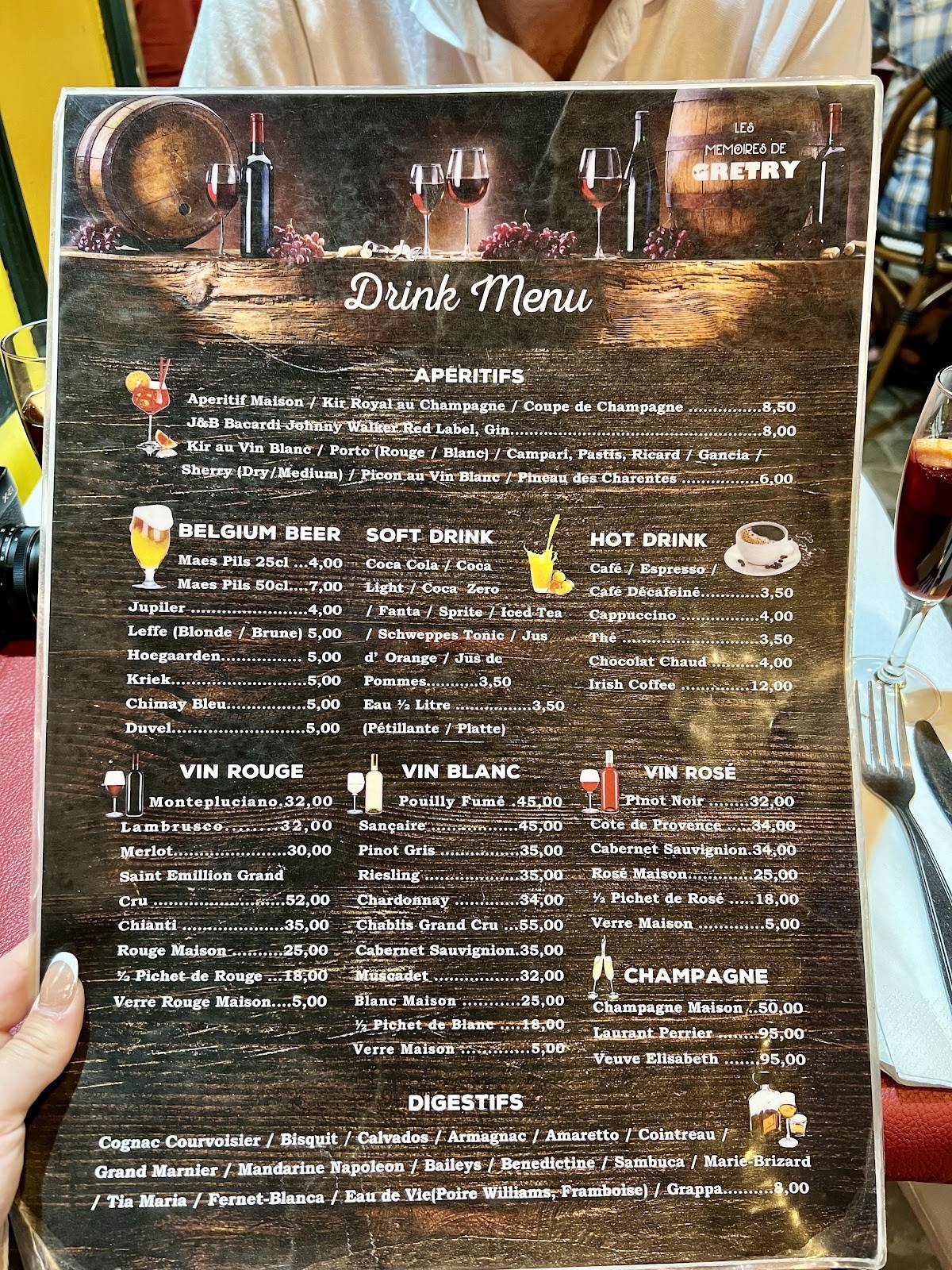 Menu au Les Mémoires de Grétry, Bruxelles, Rue Grétry 57B