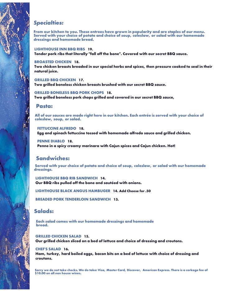 Menu at Lighthouse Inn restaurant, Cedar Rapids