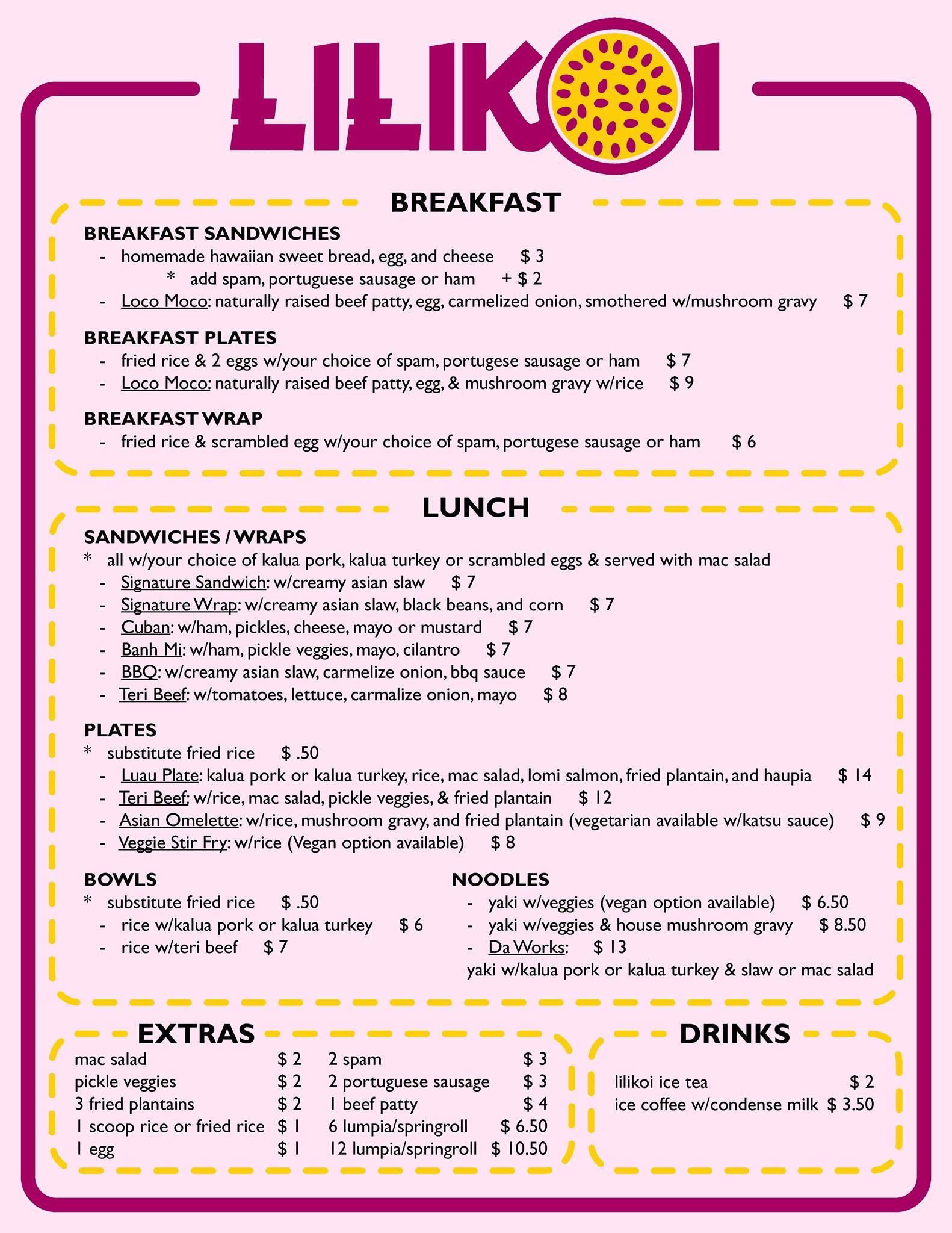 Menu at Lilikoi Bakery, Portland, NE 32nd Ave