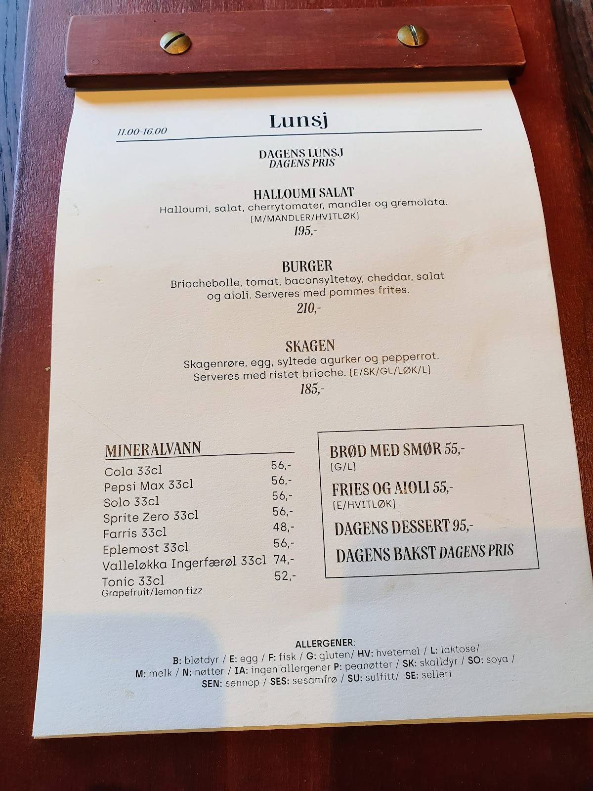 Menu at Lille Ó restaurant, Oslo