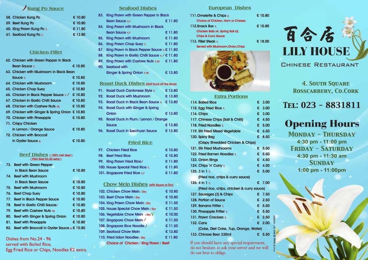 Menu at Lily House Chinese Restaurant, Rosscarbery