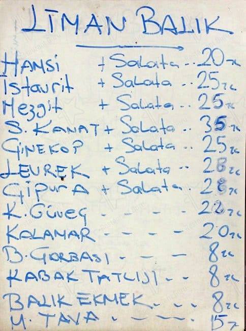 Menu at Liman Balıkçısı, Istanbul, Dr. Hilmi Alantar Sk. No:4