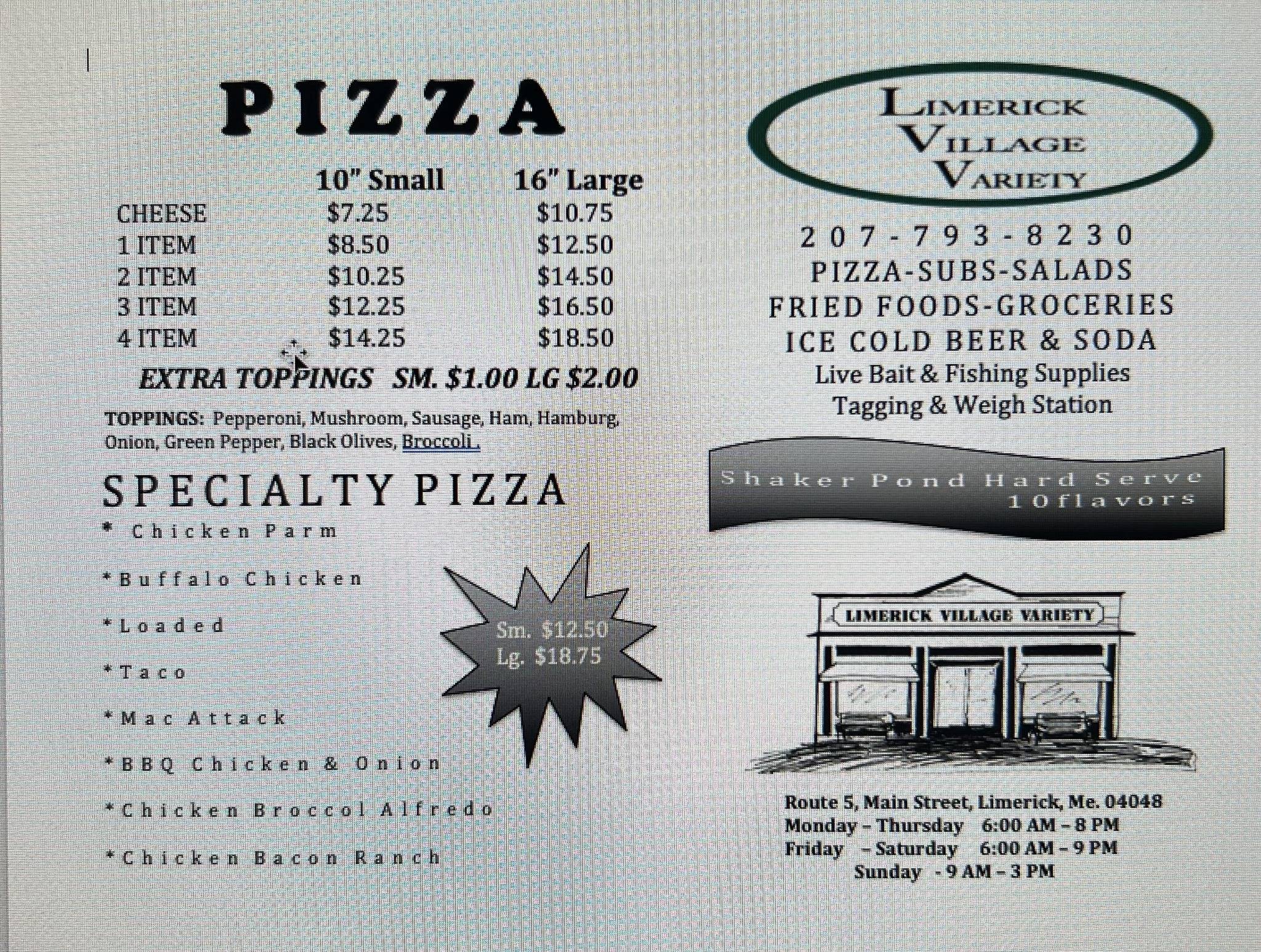 Menu at Limerick Village Variety pizzeria, Limerick
