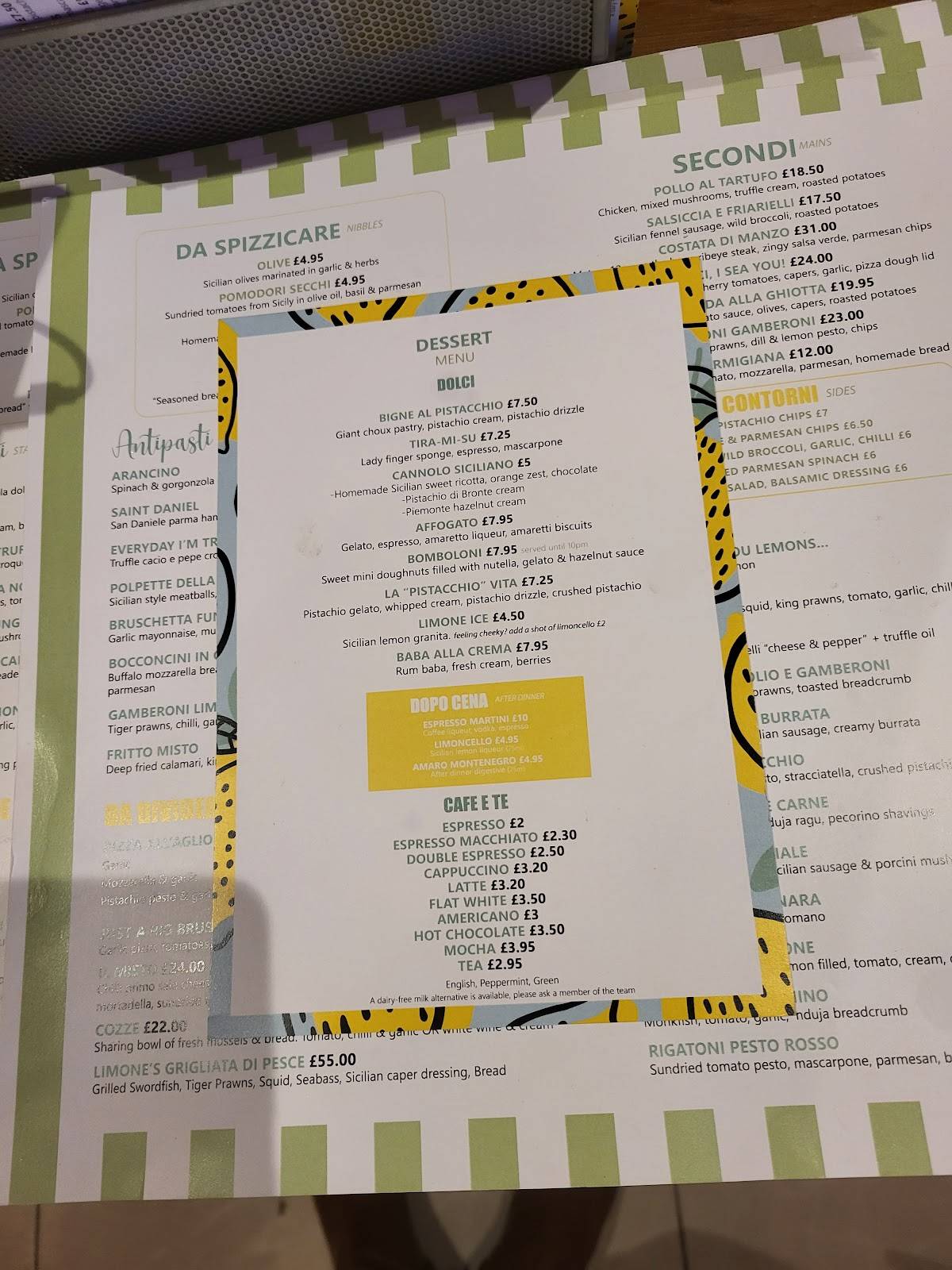 Menu at Limone restaurant, Hoddesdon