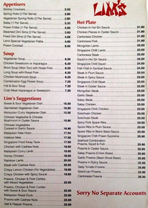 Menu at LIM'S Chinese Restaurant Glenelg, Glenelg