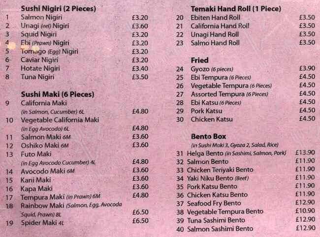 Menu at Lin Kee fast food, London