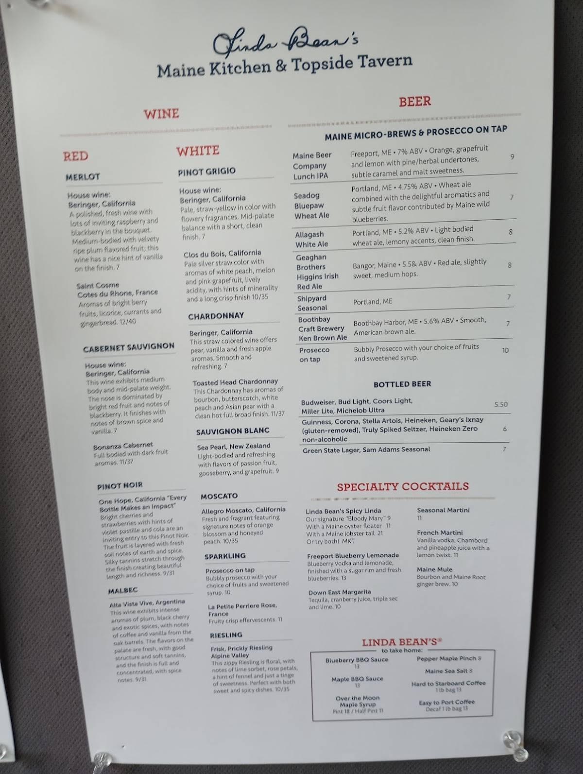 Menu at Linda Bean’s Maine Kitchen & Topside Tavern restaurant, Freeport