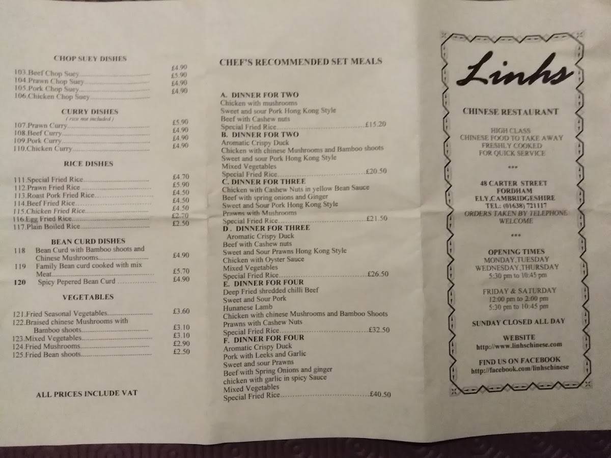Menu at Linh’s Chinese Restaurant, Isleham