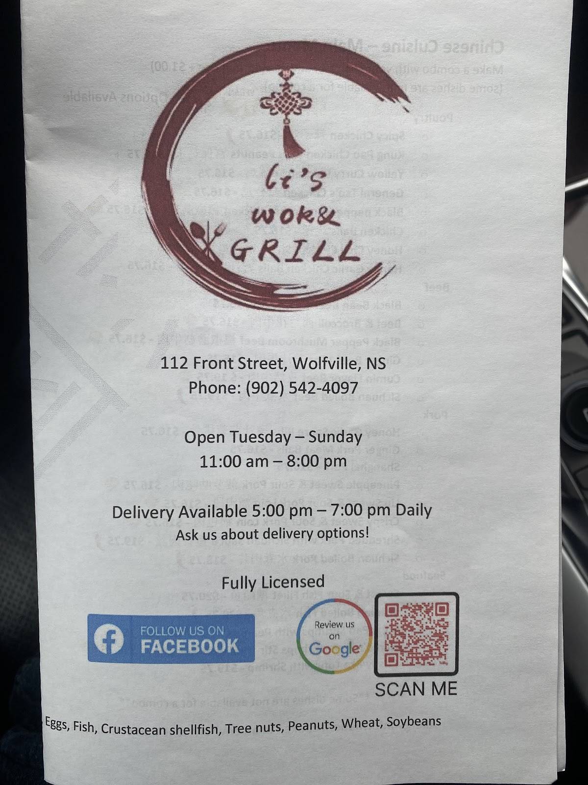 Menu at Li's Wok & Grill restaurant, Wolfville