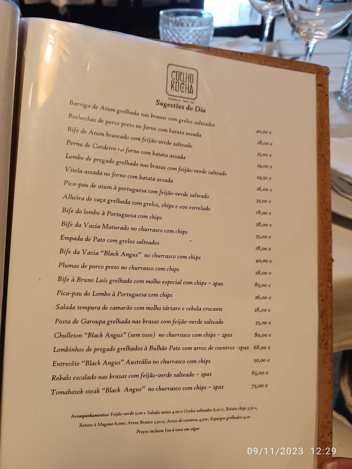 Menu at Coelho da Rocha restaurant, Lisbon