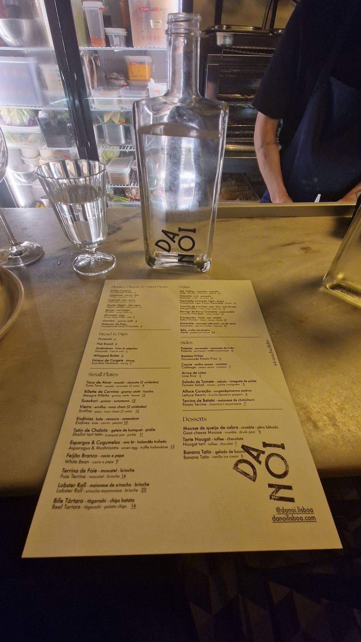 Menu at Da Noi restaurant, Lisbon