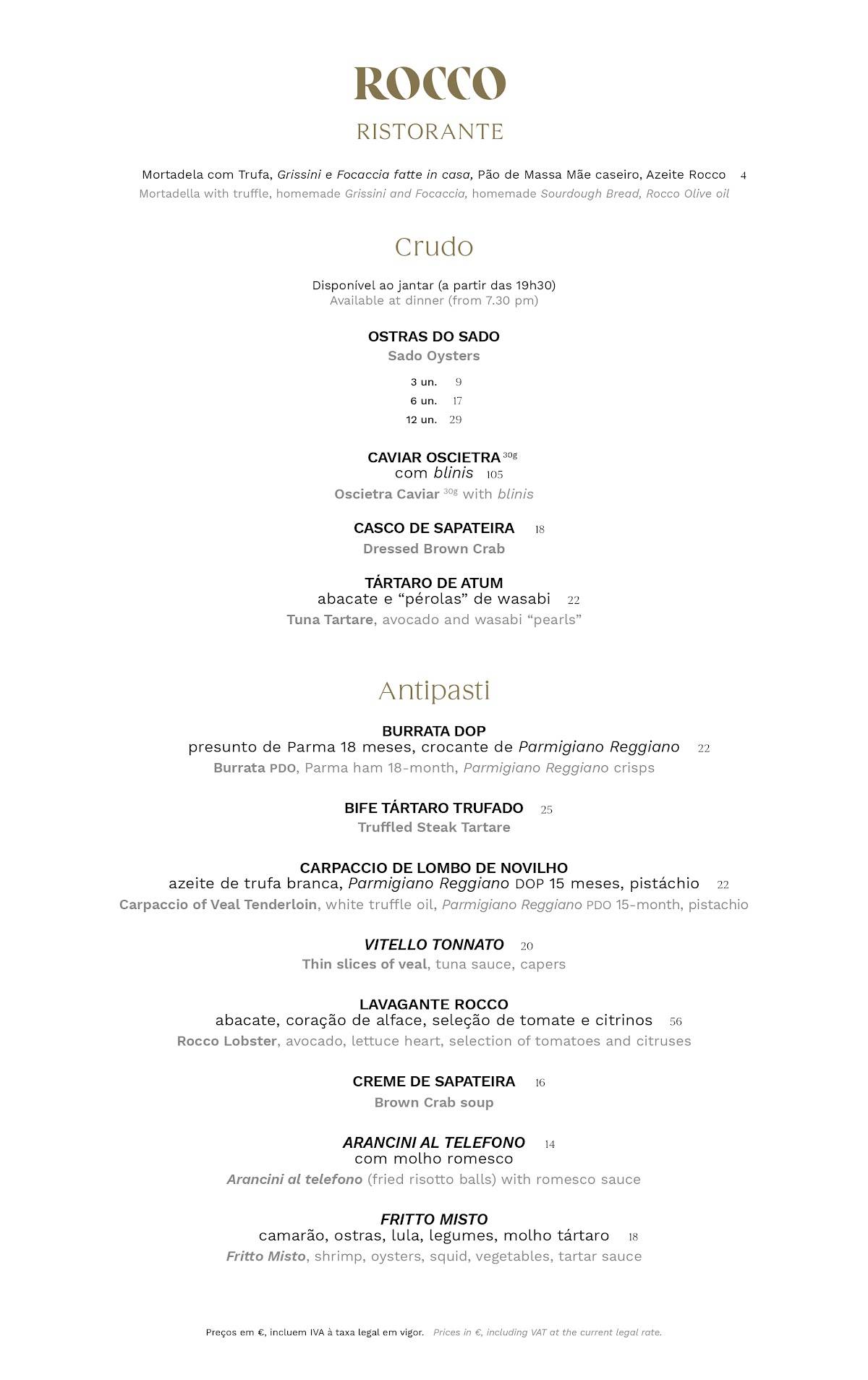 Menu at Rocco restaurant, Lisbon