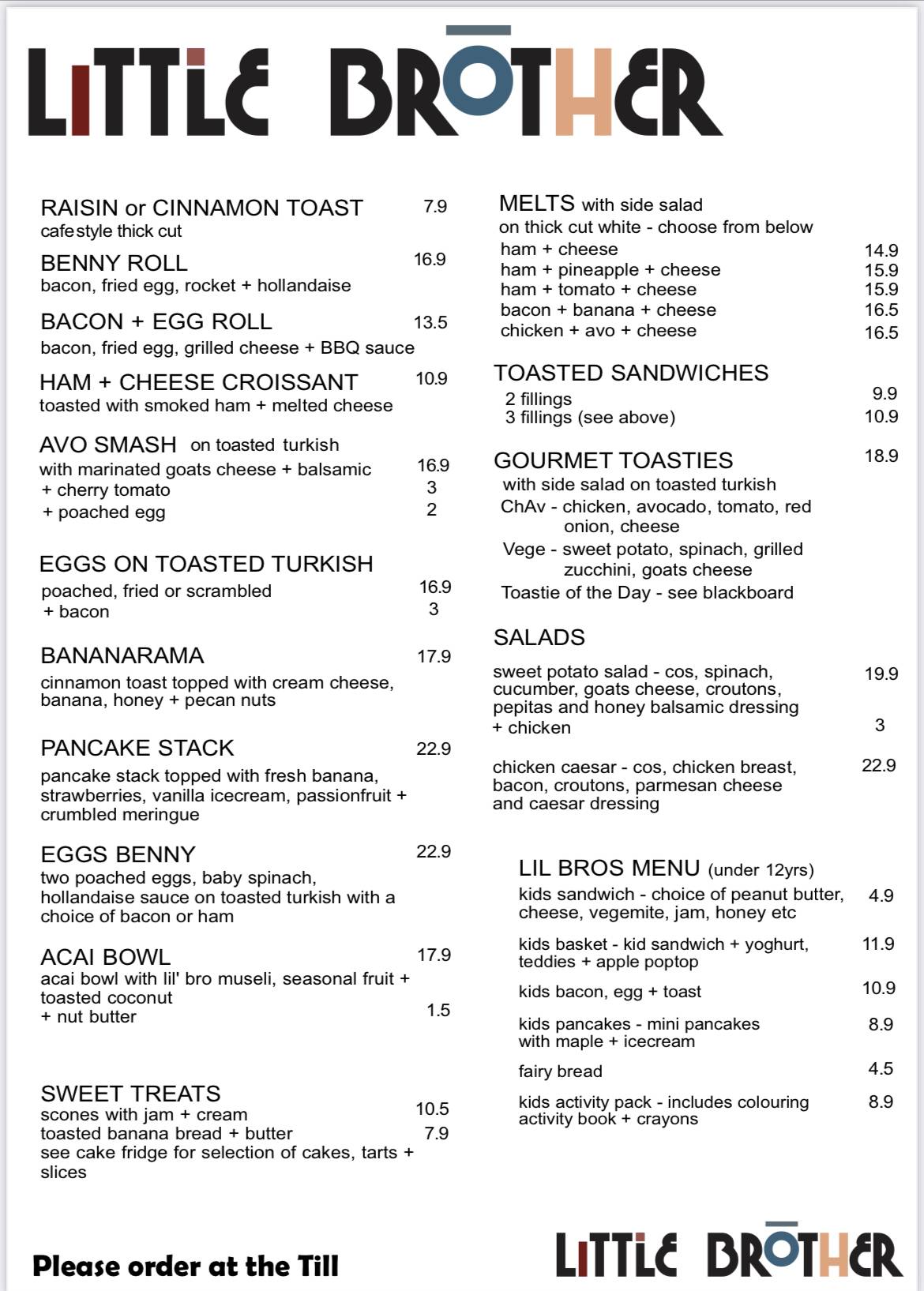 Menu at Little Brother Espresso cafe, East Maitland