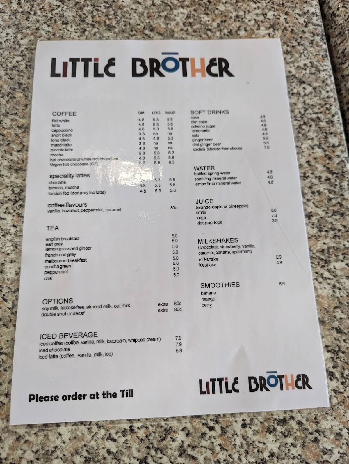 Menu at Little Brother Espresso cafe, East Maitland