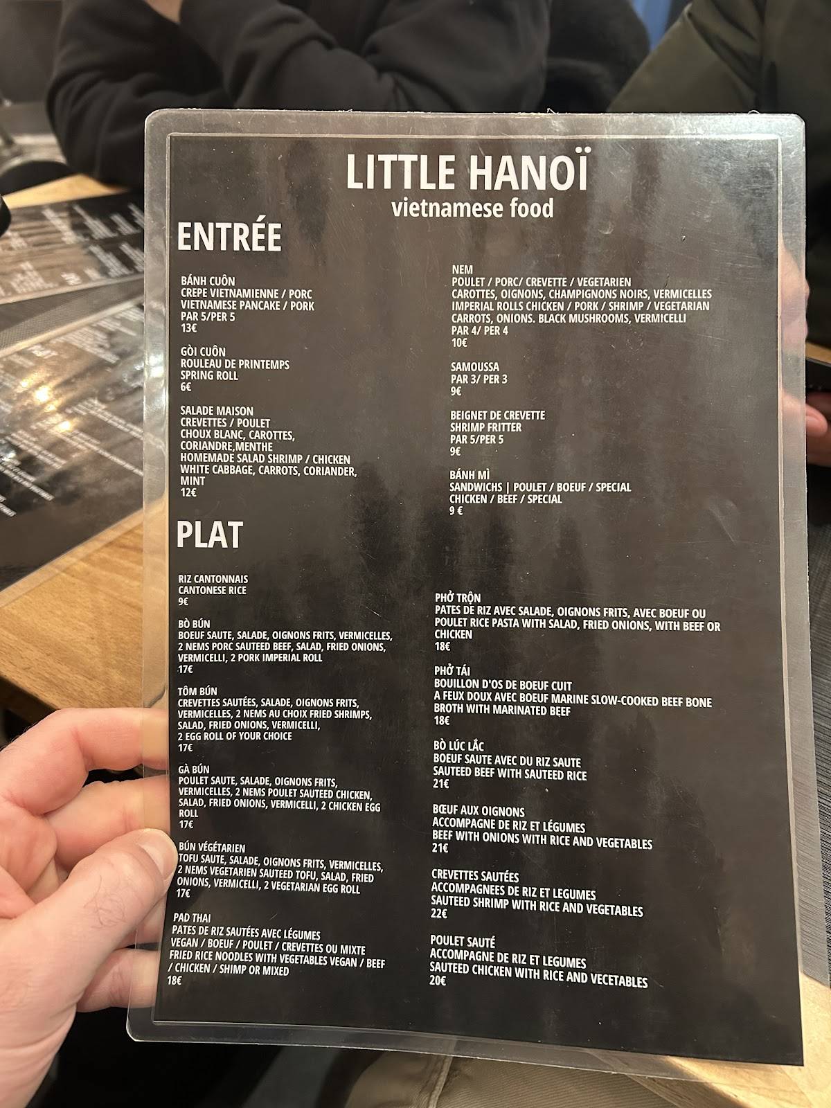 Menu au Little Hanoi restaurant, Nice
