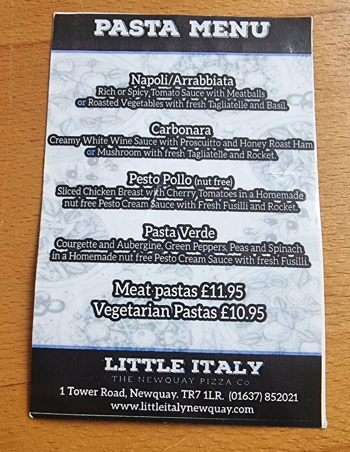 Menu at Little Italy cafe, Newquay, 1 Tower Rd