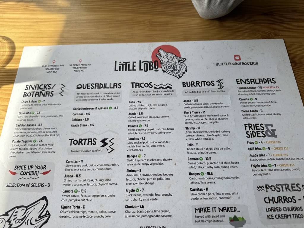 Menu at Little Lobo restaurant, North Shields