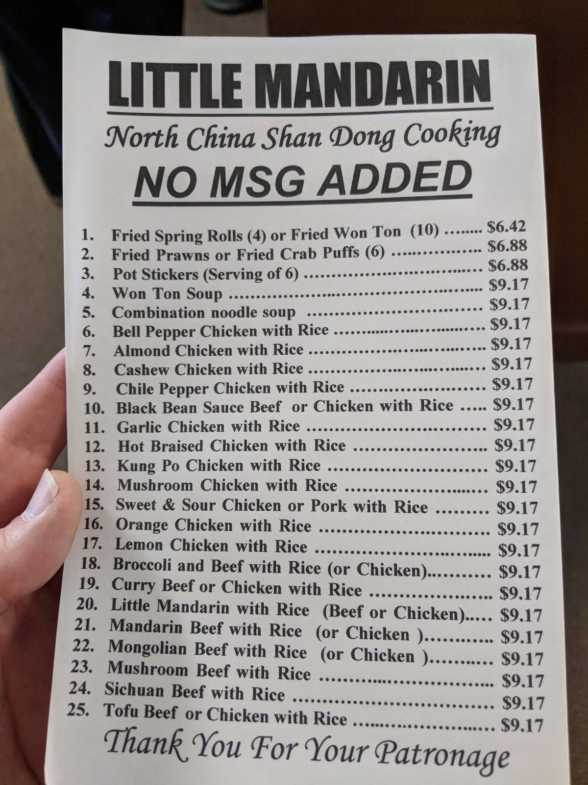 Menu at Little Mandarin restaurant, San Rafael