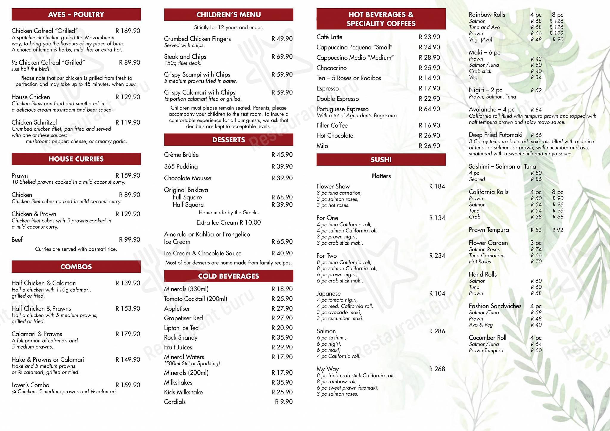 Menu at Little Mozambique restaurant, Howick, White House Centre