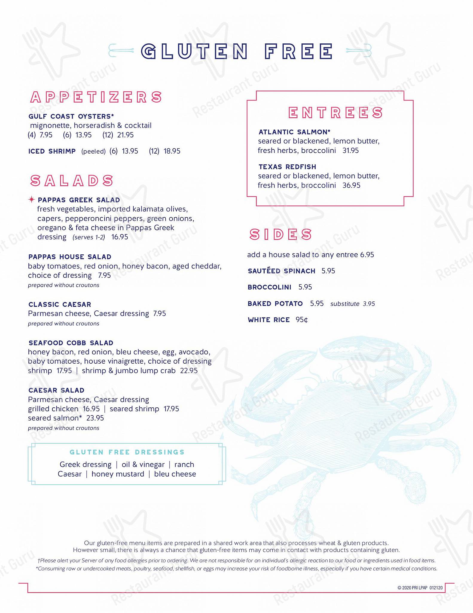 Menu at Pappas Seafood House restaurant, Houston, S Shepherd Dr