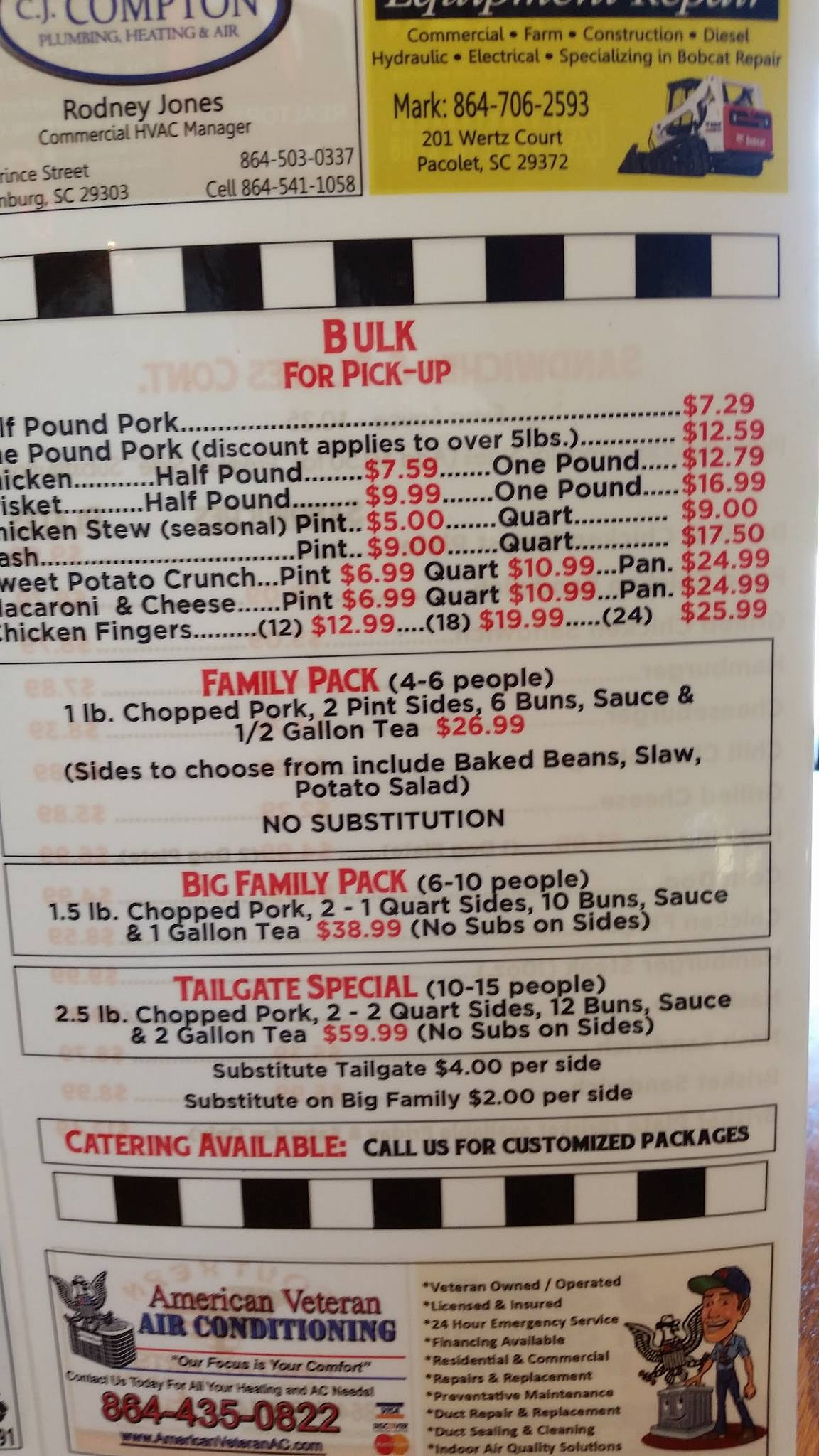 Menu at Little Pigs BBQ, Spartanburg