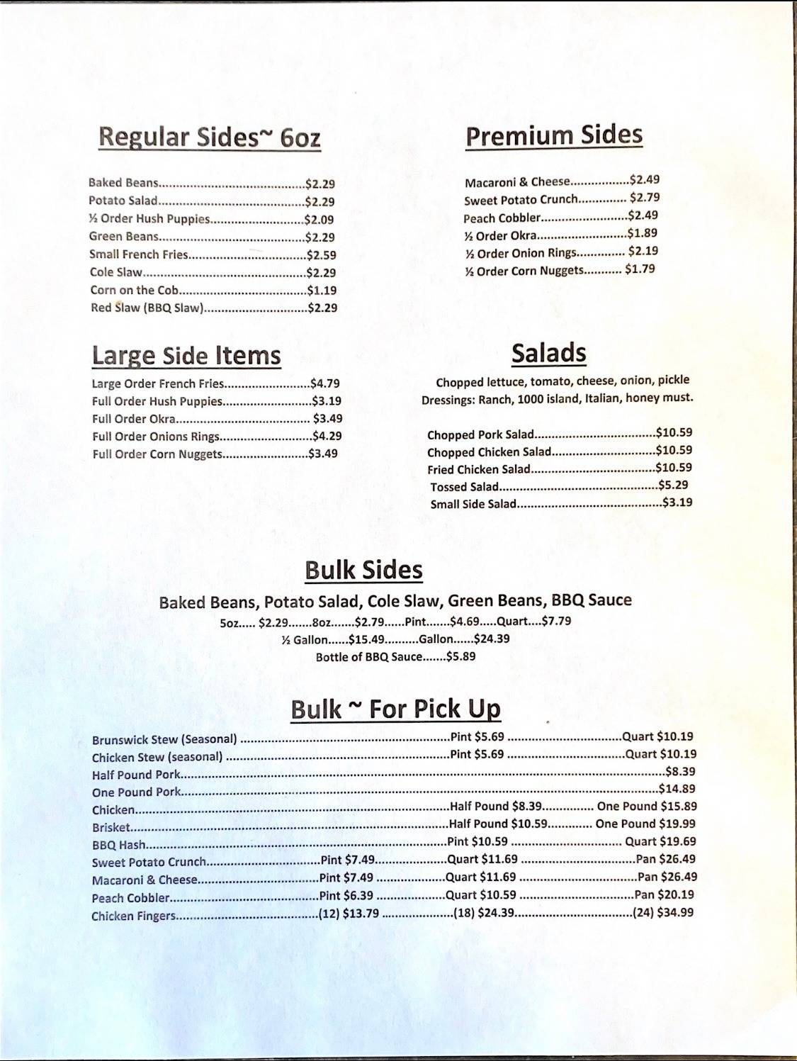 Menu at Little Pigs BBQ, Spartanburg