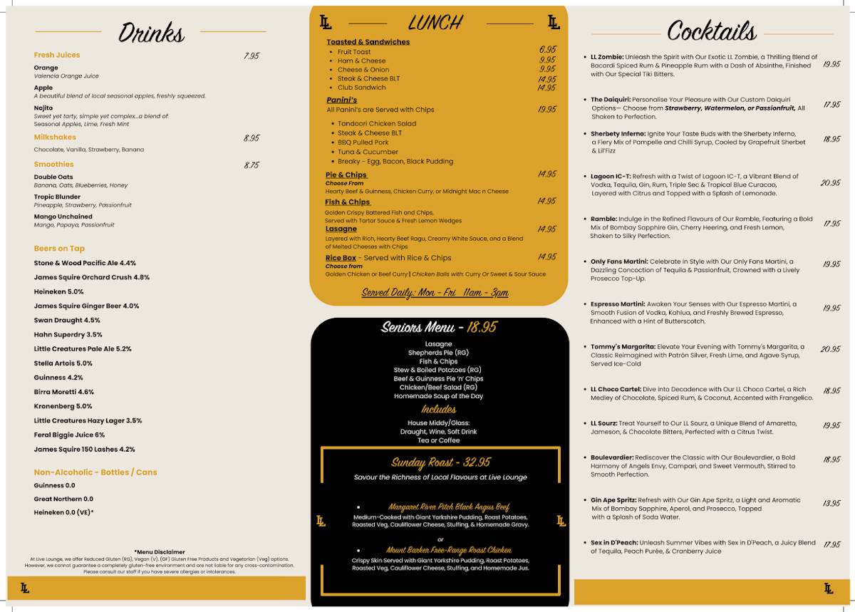 Menu at Live Lounge pub & bar, Wanneroo