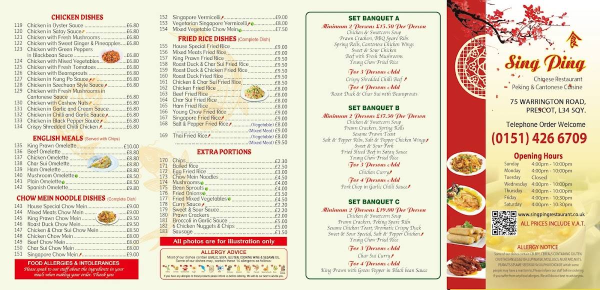 Menu at Sing Ping Restaurant, Prescot