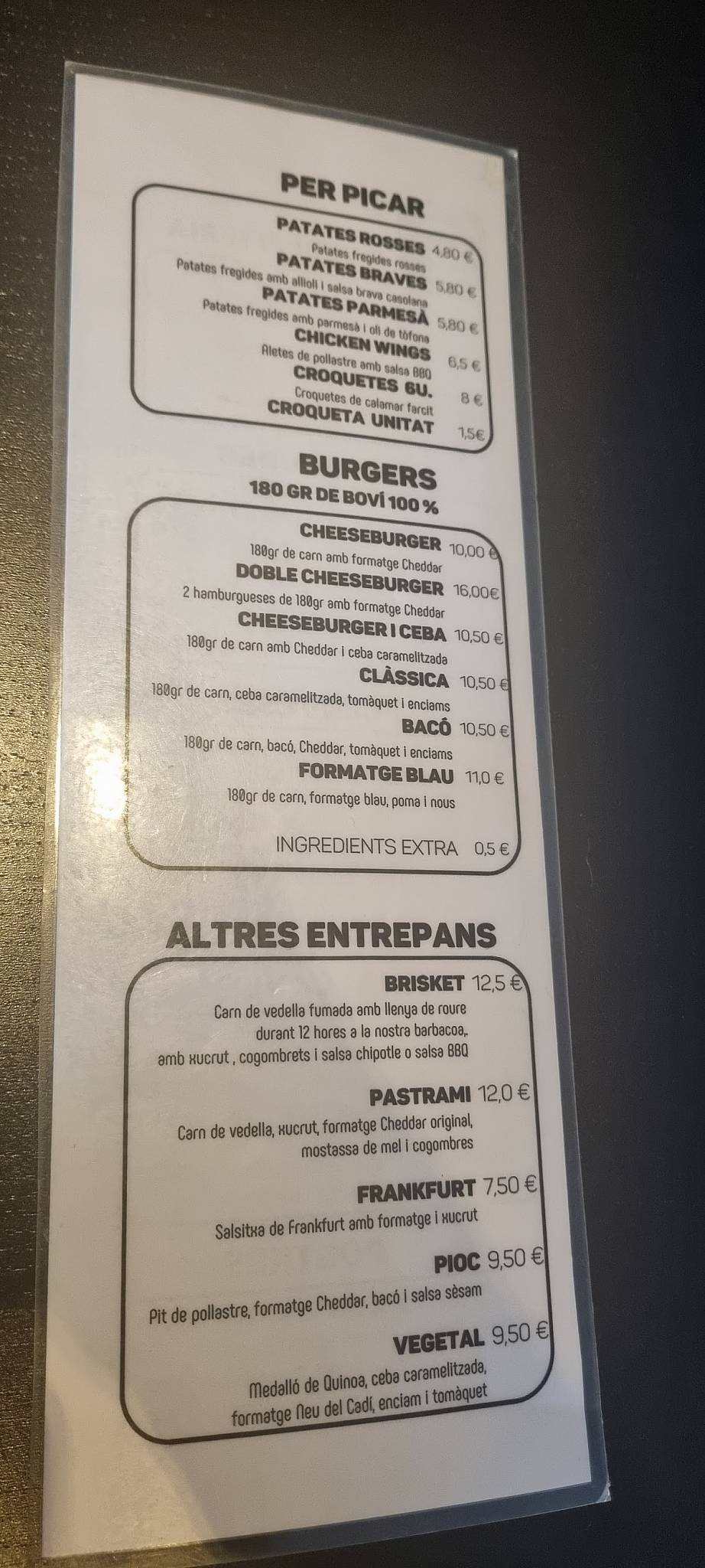 Carta del restaurante Food Troc, Llívia