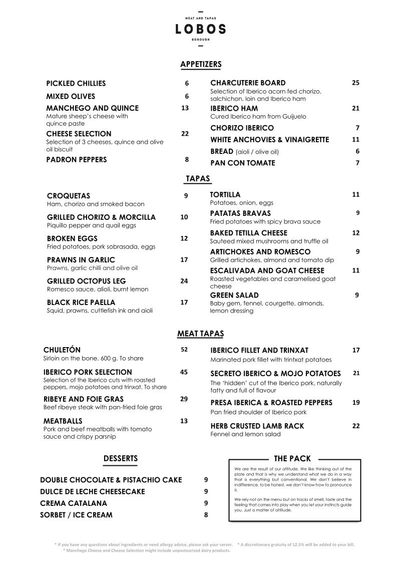 Menu at Lobos Meat and Tapas pub & bar, London, 14 Borough High St