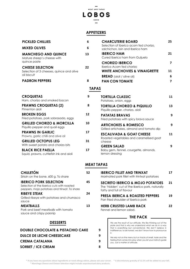 Menu at Lobos restaurant, London, 48 Frith St