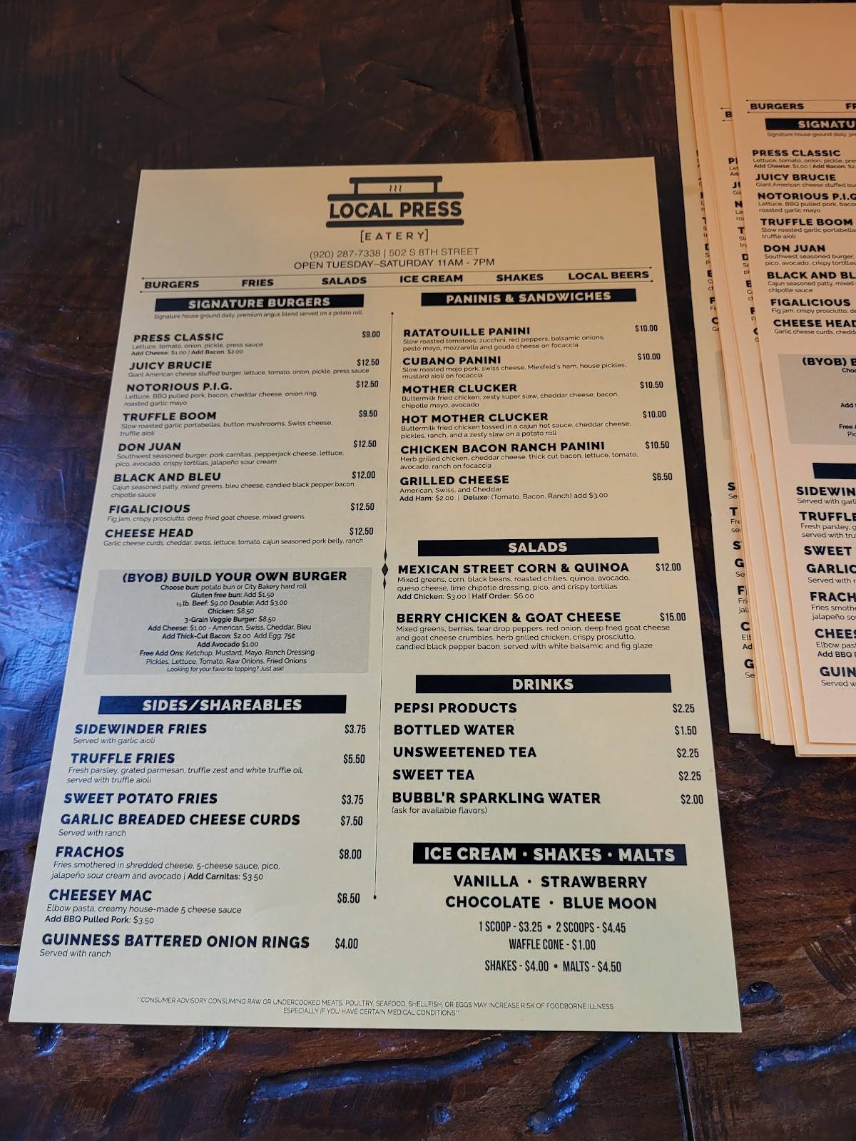 Menu at Local Press Eatery restaurant, Sheboygan