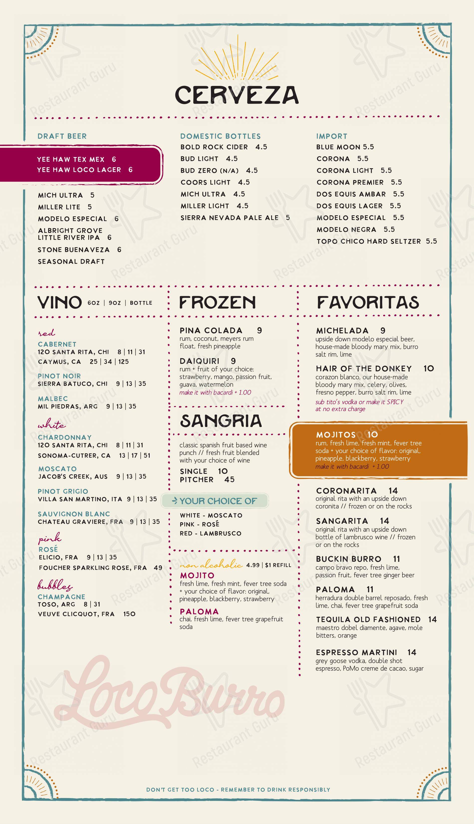 Menu at Loco Burro Fresh Mex Cantina and Tequila Bar, Knoxville