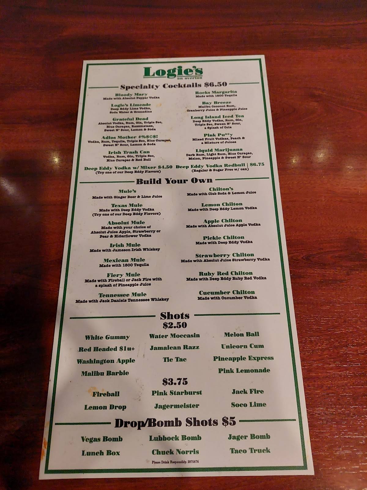 Menu at Logie’s on Overton pub & bar, Lubbock